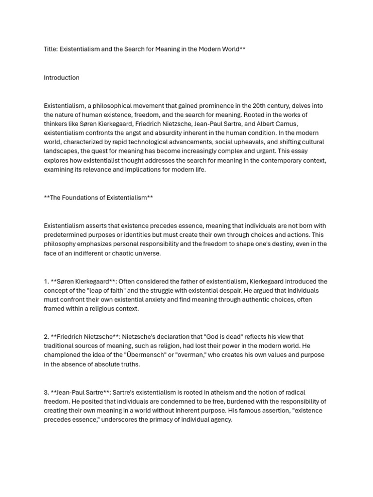 Existentialism and The Search For Meaning in The Modern World | PDF ...