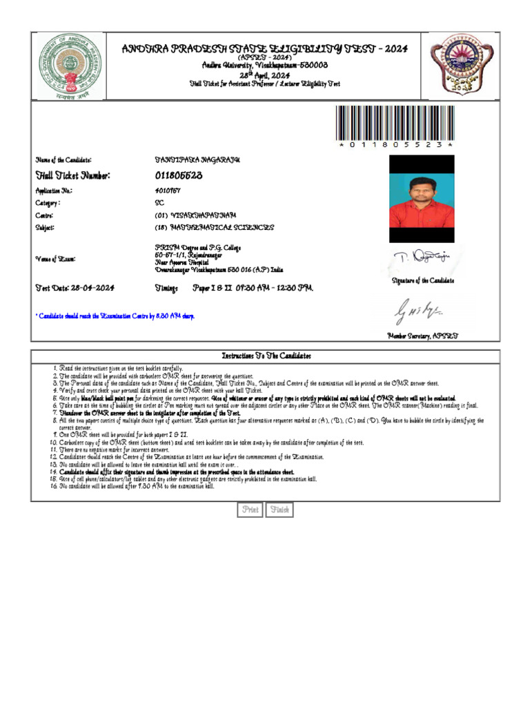 Apset 2024 Admit Card - 4010957 | PDF