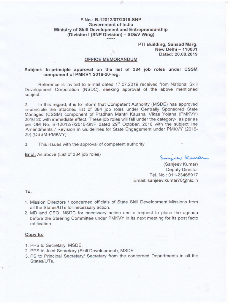 OM - List of Job Roles | PDF | Government Of India | Narendra Modi