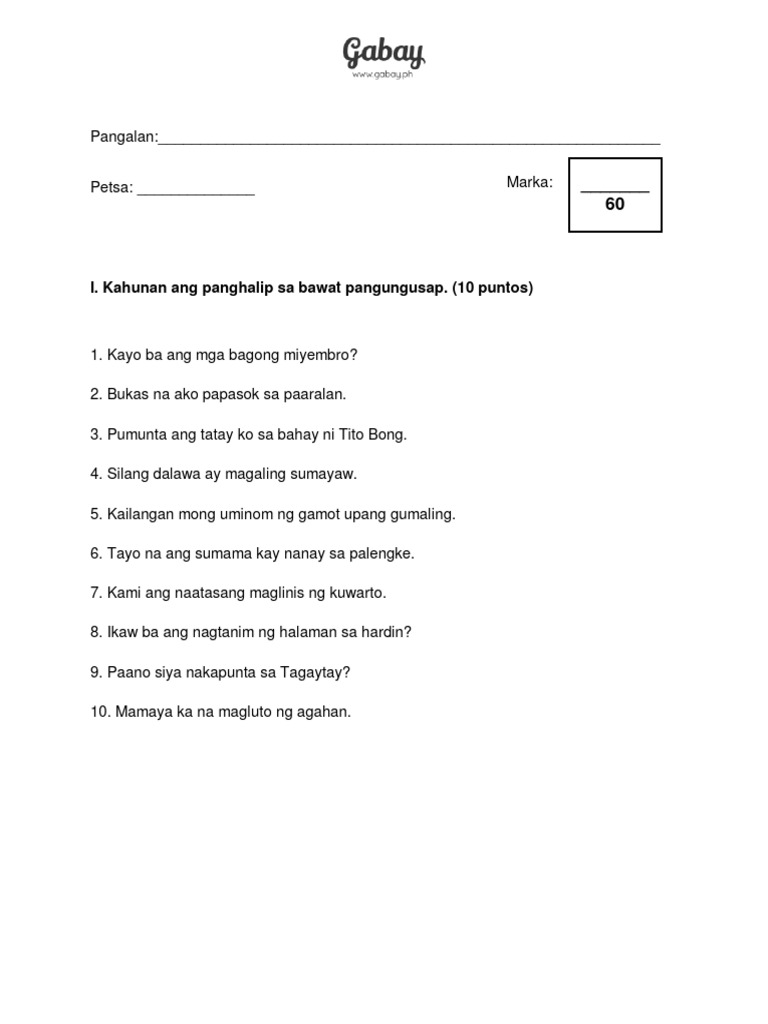 Gabay Filipino Worksheet Gr.3 Modified 60pts | PDF