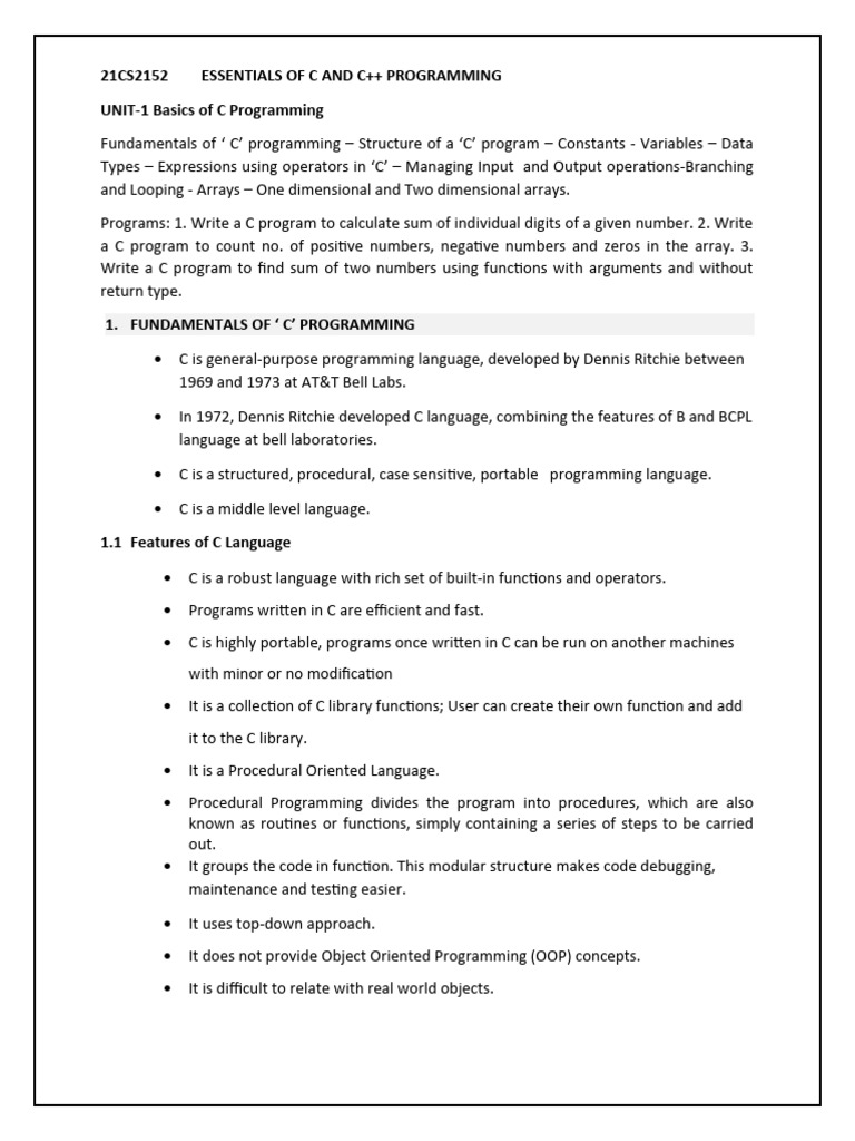 Unit-1 Basics of C' Programming | PDF | Integer (Computer Science) | Variable (Computer Science)