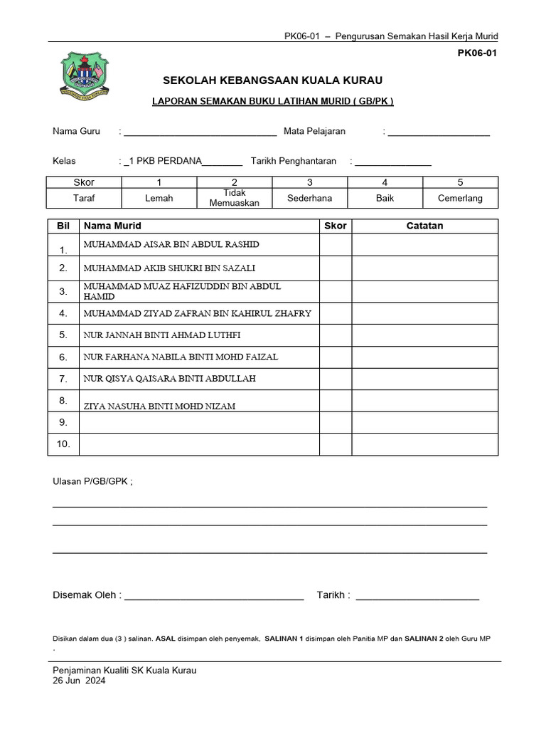 Borang PK 6 1 Laporan Semakan Hasil Kerja Murid | PDF