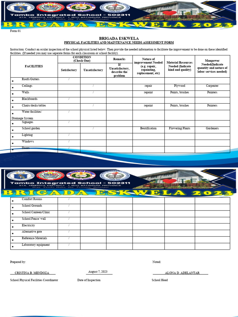 Be Form 1 - Physical Facilities and Maintenance Needs Assessment Form | PDF