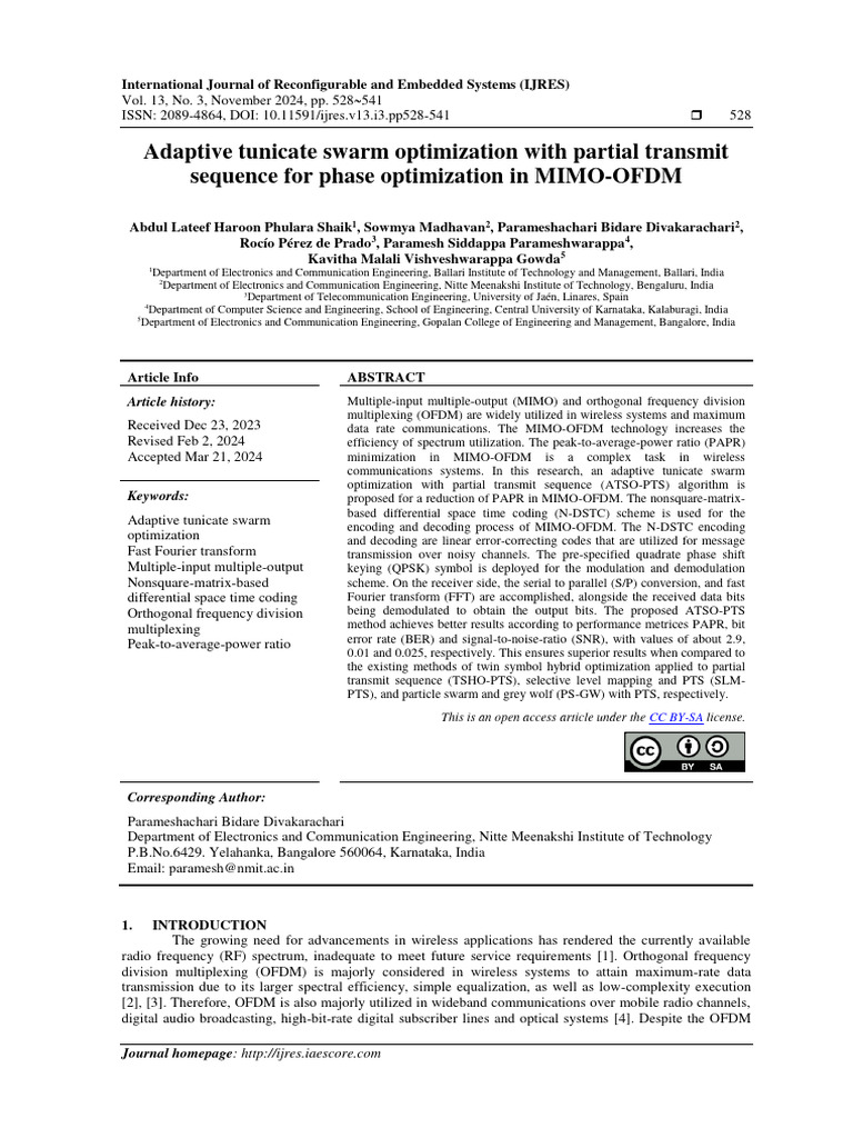 Adaptive Tunicate Swarm Optimization With Partial Transmit Sequence For Phase Optimization in ...