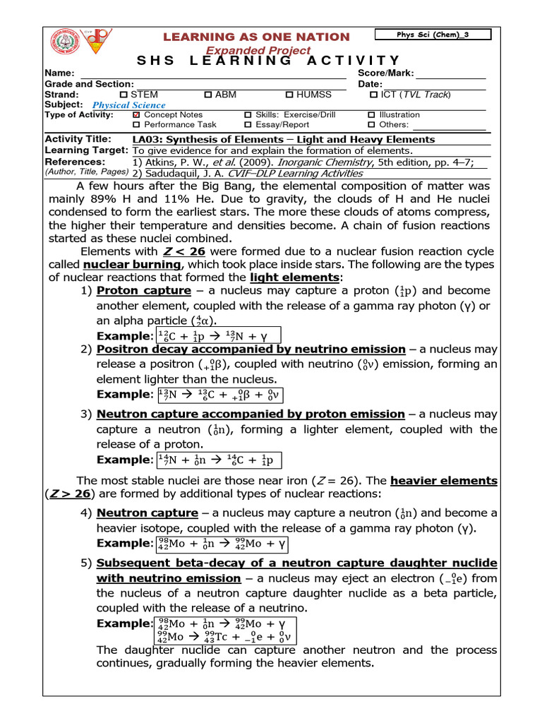 Phys Sci (Chem) LAS 03 Synthesis of Elements - Light and Heavy Elements ...