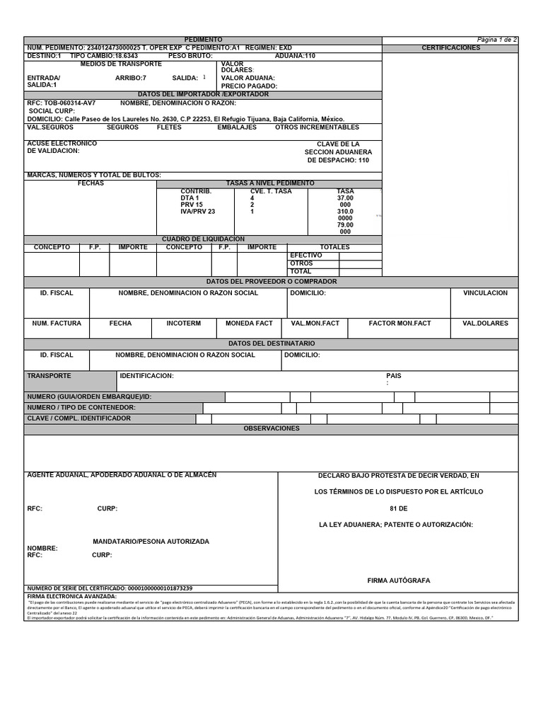 Pedimento Aduanero Detallado 23401247 | PDF | aduana