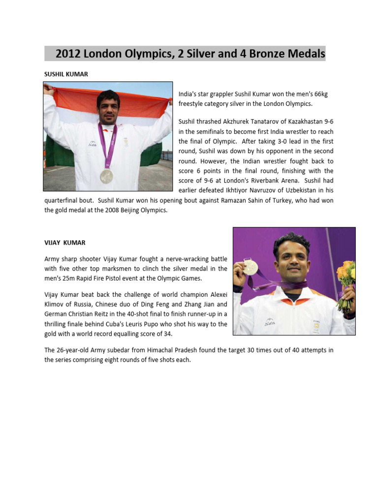 2012 London Olympics, 2 Silver and 4 Bronze Medals: Sushil Kumar | PDF | Sports | Olympic Games