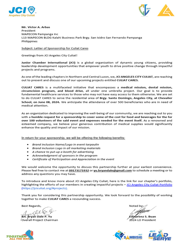 Jci Sponsorhip Letter - Mapecon | PDF | Business | Finance & Money ...