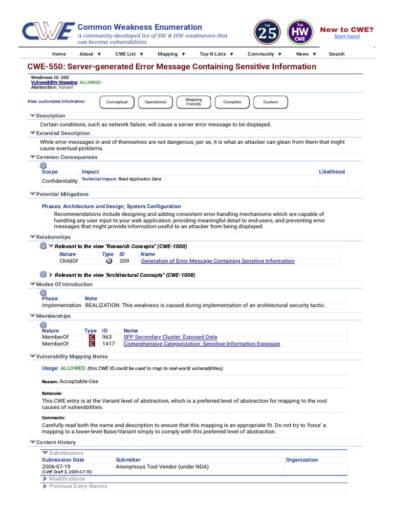 CWE - CWE-550 - Server-Generated Error Message Containing Sensitive ...