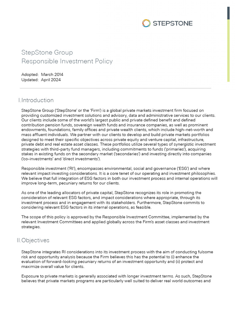 StepStone Group Responsible Investment Policy April 2024 | PDF ...