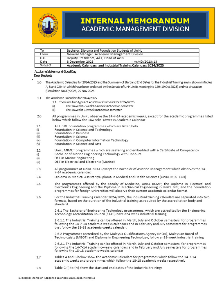 S-Internal Memo Academic Calendars Industrial Training Calendar For ...