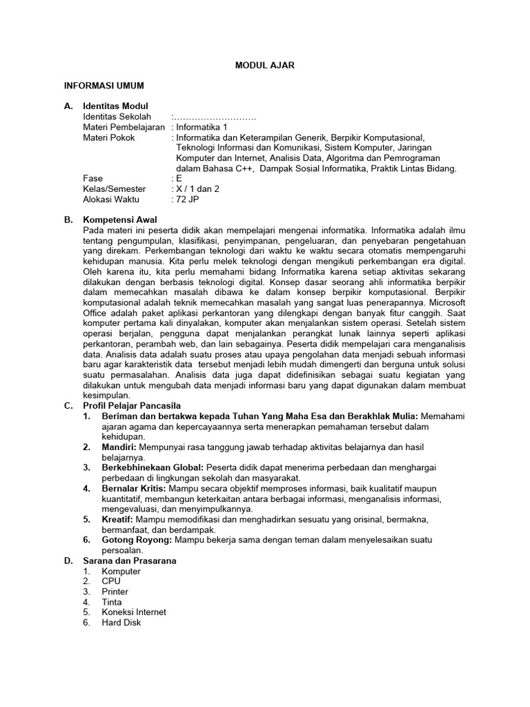 Modul Ajar - Informatika X - SMA | PDF Modul Ajar - Informatika X - SMA | PDF