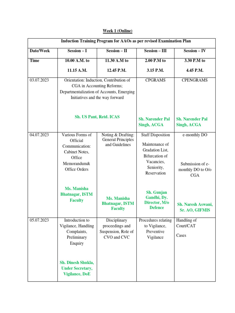 AAO Induction Agenda Week 1 | PDF | Accounting