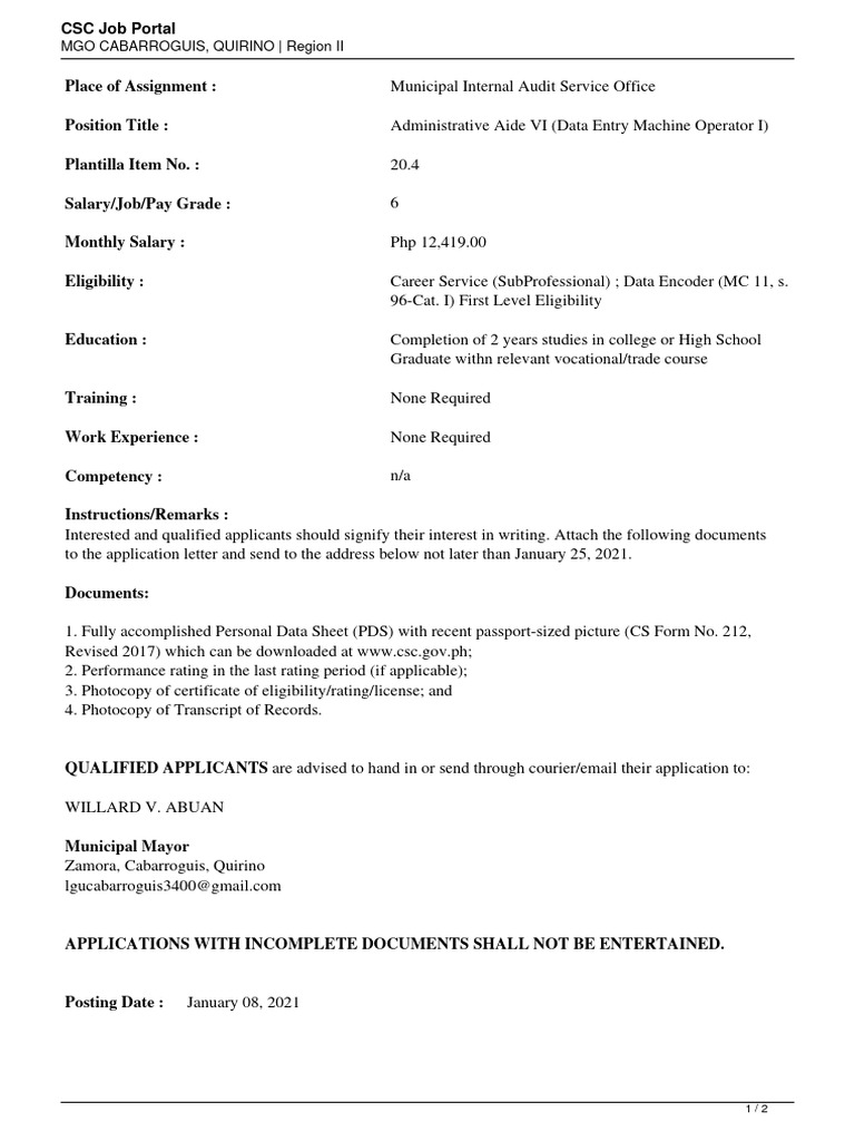 MGO CABARROGUIS QUIRINO-Administrative Aide VI Data Entry Machine ...