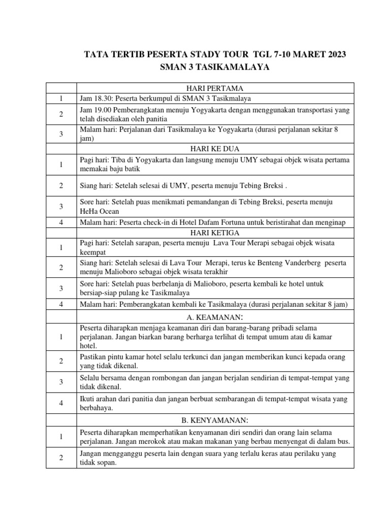 Tata Tertib Peserta Stady Tour Yogya Fiks | PDF