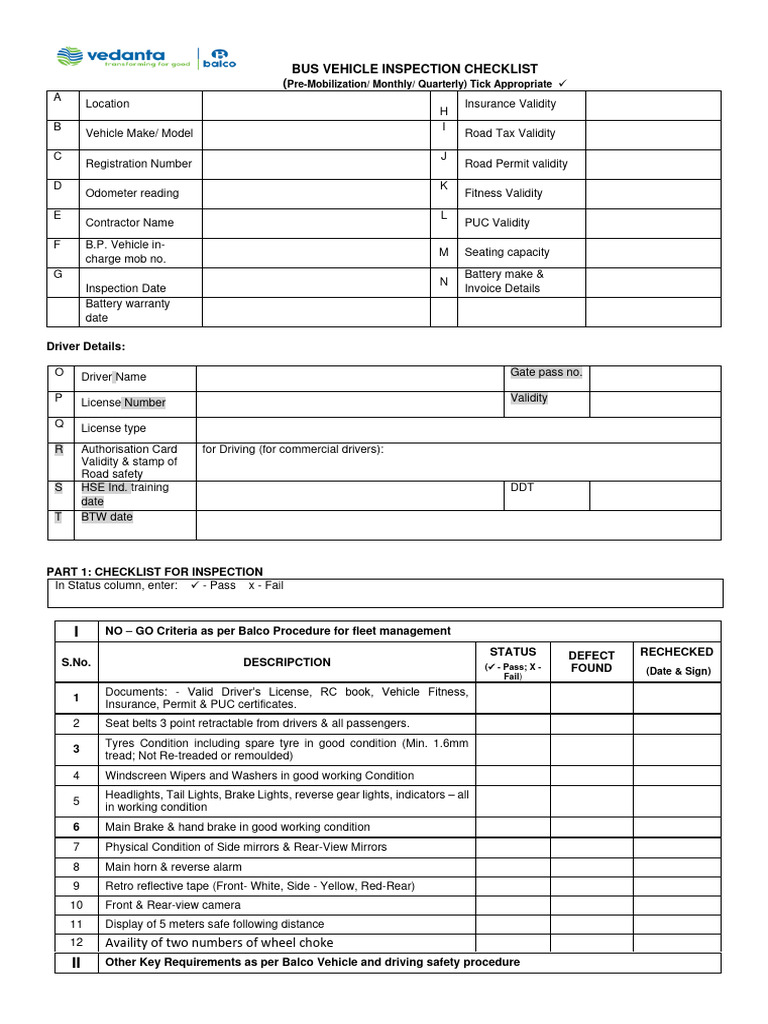 Bus Inspection Cheklist OK | PDF | Vehicles | Motor Vehicle