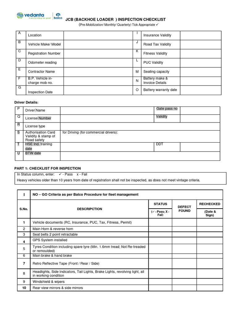 JCB Checklist OK | PDF | Vehicles | Land Vehicles