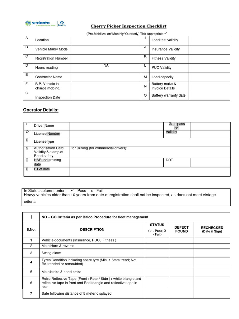 Cherry Picker Inspection Checklist | PDF | Vehicles | Transport