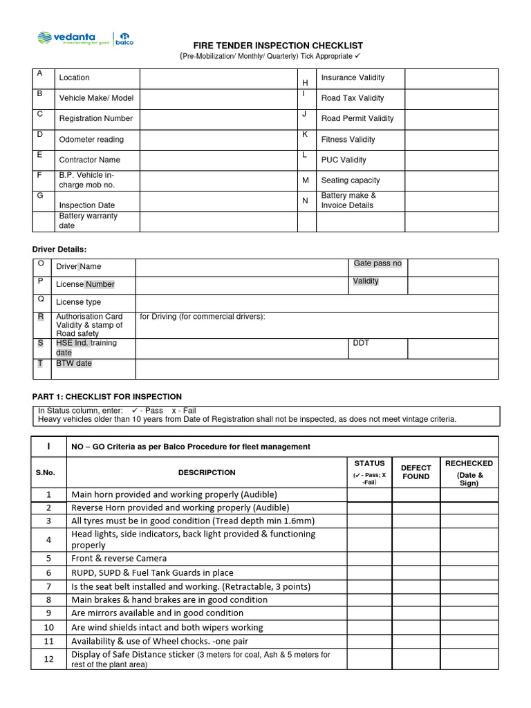 38.fire Tender Checklist OK | PDF | Leak | Brake