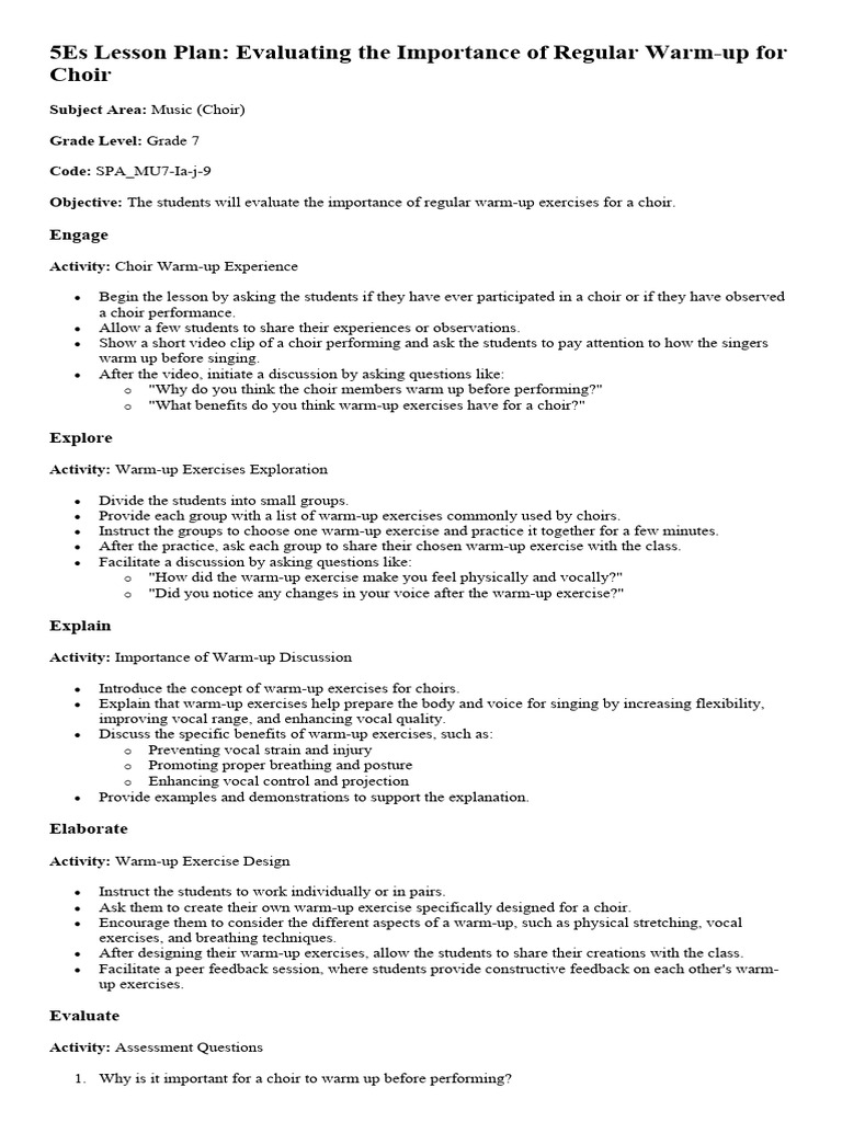 Choir Warm-up Importance Lesson Plan | PDF | Singing | Choir
