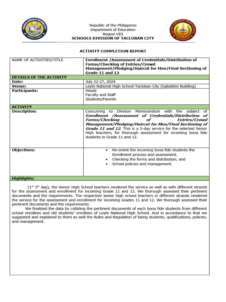Brigada Eskwela 2024 Completion Report | PDF | Career & Growth | Wellness