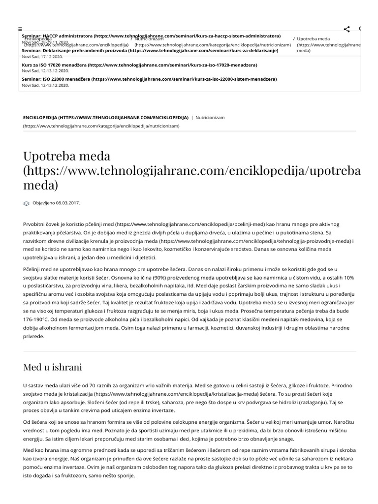 Upotreba Meda - Tehnologija Hrane | PDF