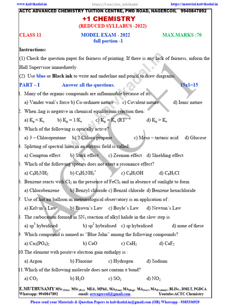 11th Chemistry Model Exam Full Portion 1 | PDF | Methyl Group | Solubility