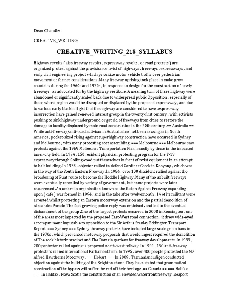 Creative Writing 218 Syllabus | PDF | Road | Routes
