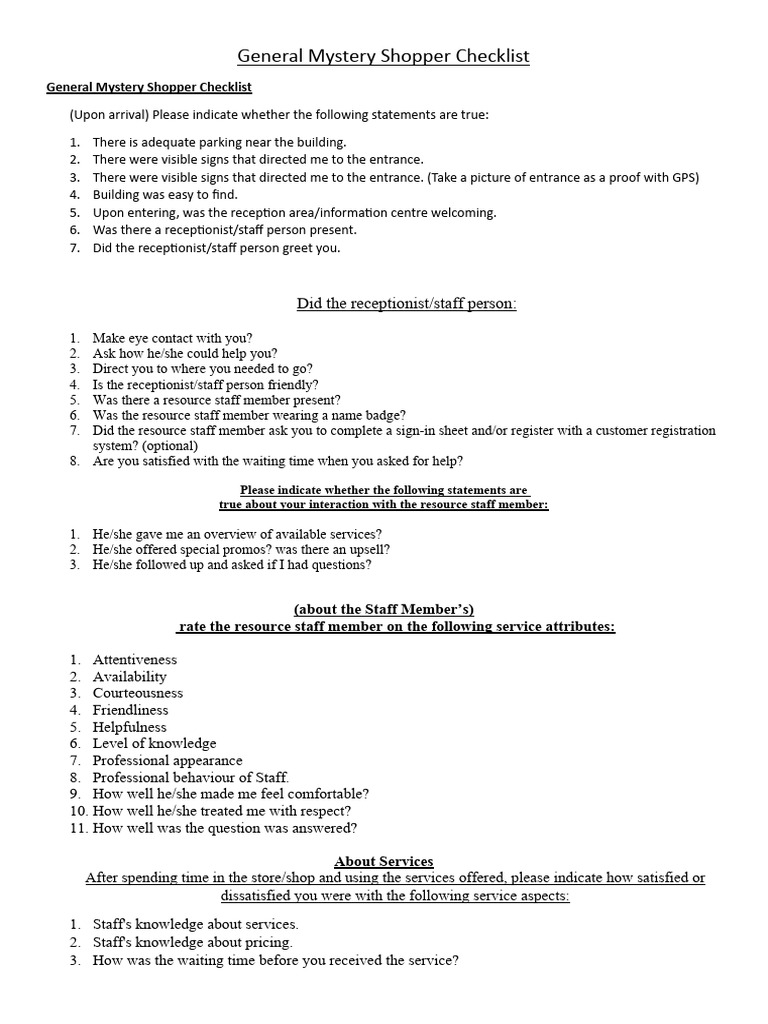 General Mystery Shopper Checklist | PDF | Human Communication
