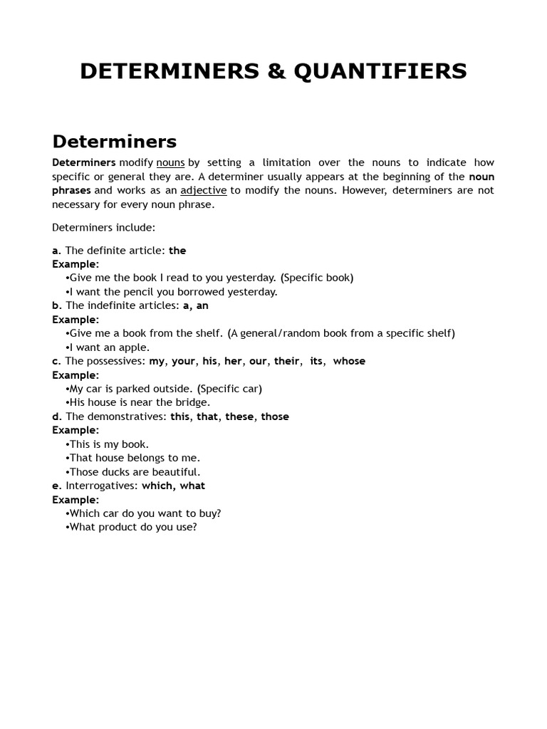 Determiners And Quantifiers Grammar Pdf