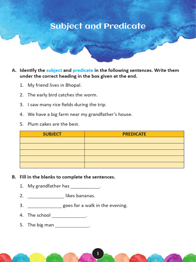Subject and Predicate - G1 | PDF