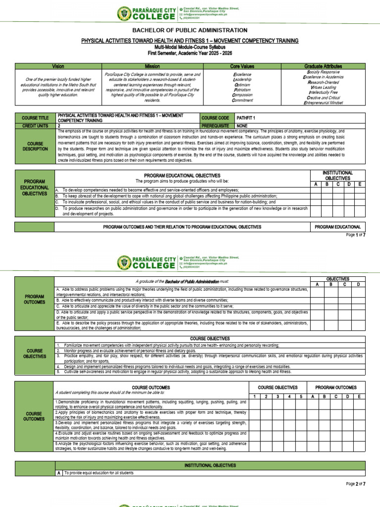 Pathfit 1 Movement Competency Syllabus 24 25 | PDF | Motivation ...