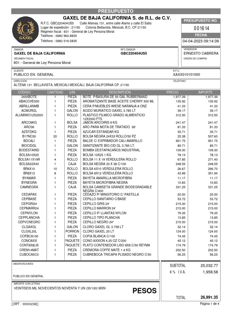 Gaxel de Baja California S. de R.L. de C.V.: Pesos | PDF