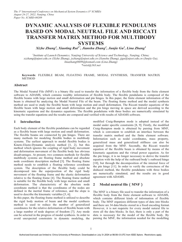 Dynamic Analysis of Flexible Pendulums Based On Modal Neutral File and Riccati Transfer Matrix ...