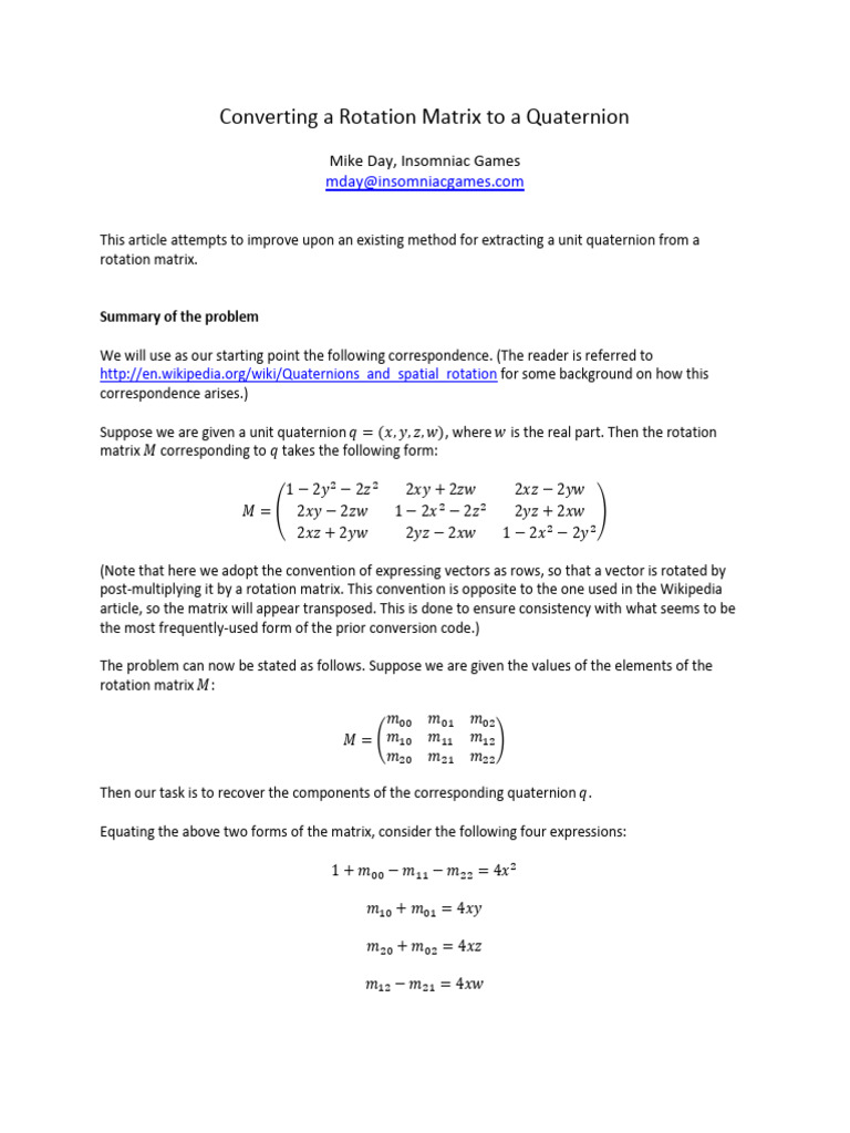 Day - Converting Rotation Matrix To Quaternion | PDF | Euclidean Vector | Matrix (Mathematics)