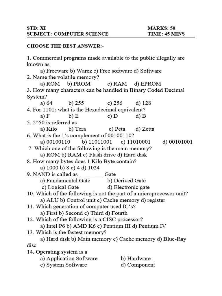 STD: Xi MARKS: 50 Subject: Computer Science Time: 45 Mins Choose The Best Answer | PDF | Method ...
