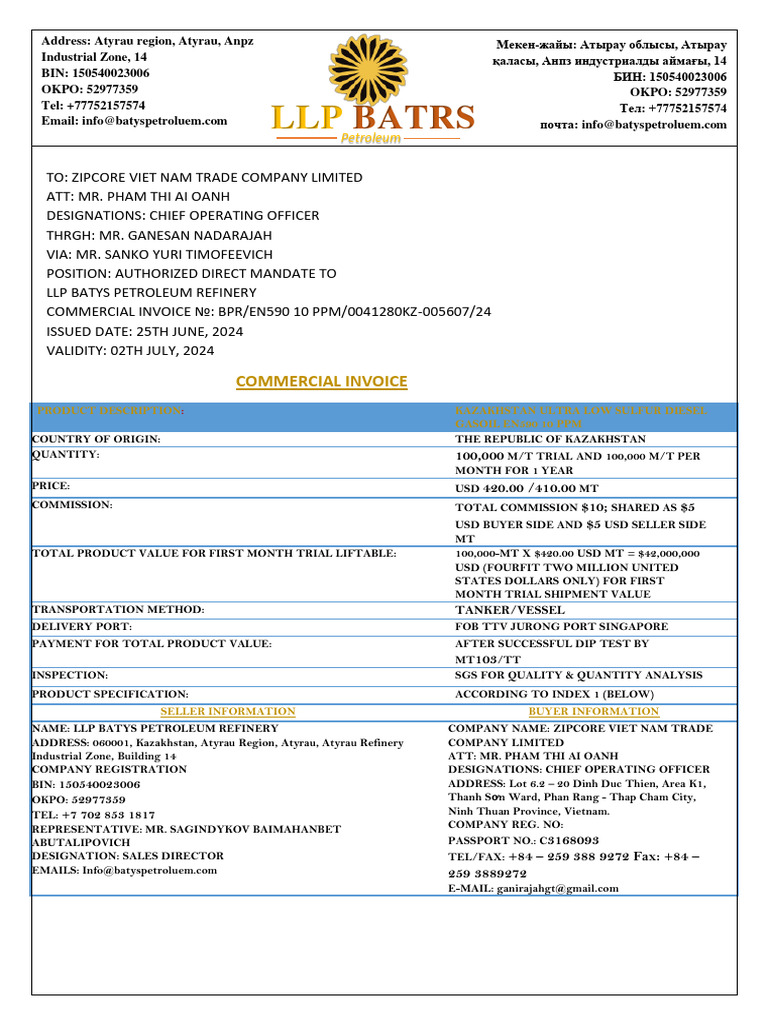 LLP Batys Petroleum Refinery Commercial Invoice | PDF | Magnesium | Invoice
