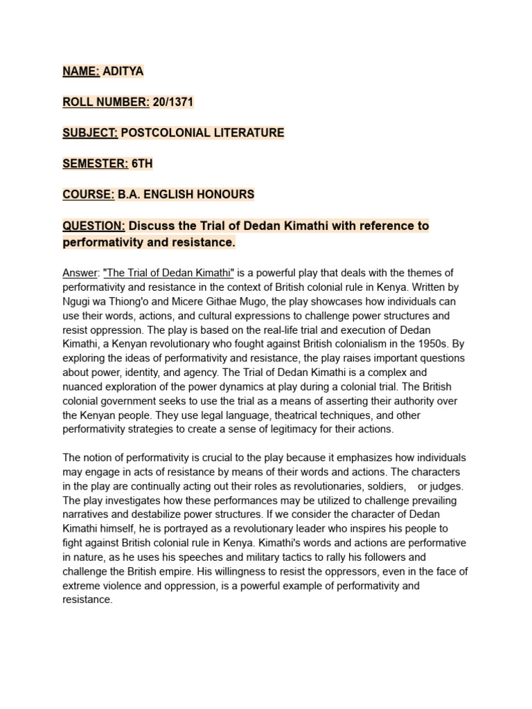 'The Trial of Dedan Kimathi' Assignment | PDF | Social Science
