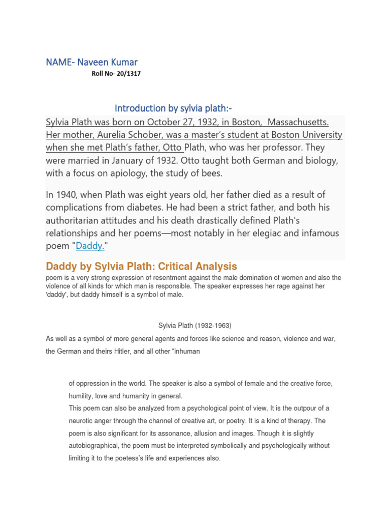 Critical Apreceation On Daddy by Sylvia Plath | PDF | Sylvia Plath