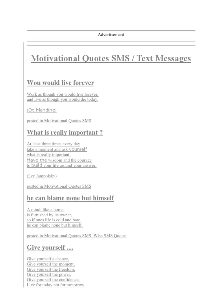 Motivational Quotes SMS / Text Messages: Wou Would Live Forever | PDF ...