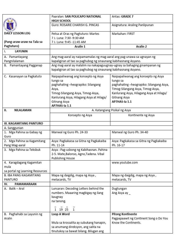 Daily Lesson Log-Plan Ap 7 | PDF Daily Lesson Log-Plan Ap 7 | PDF
