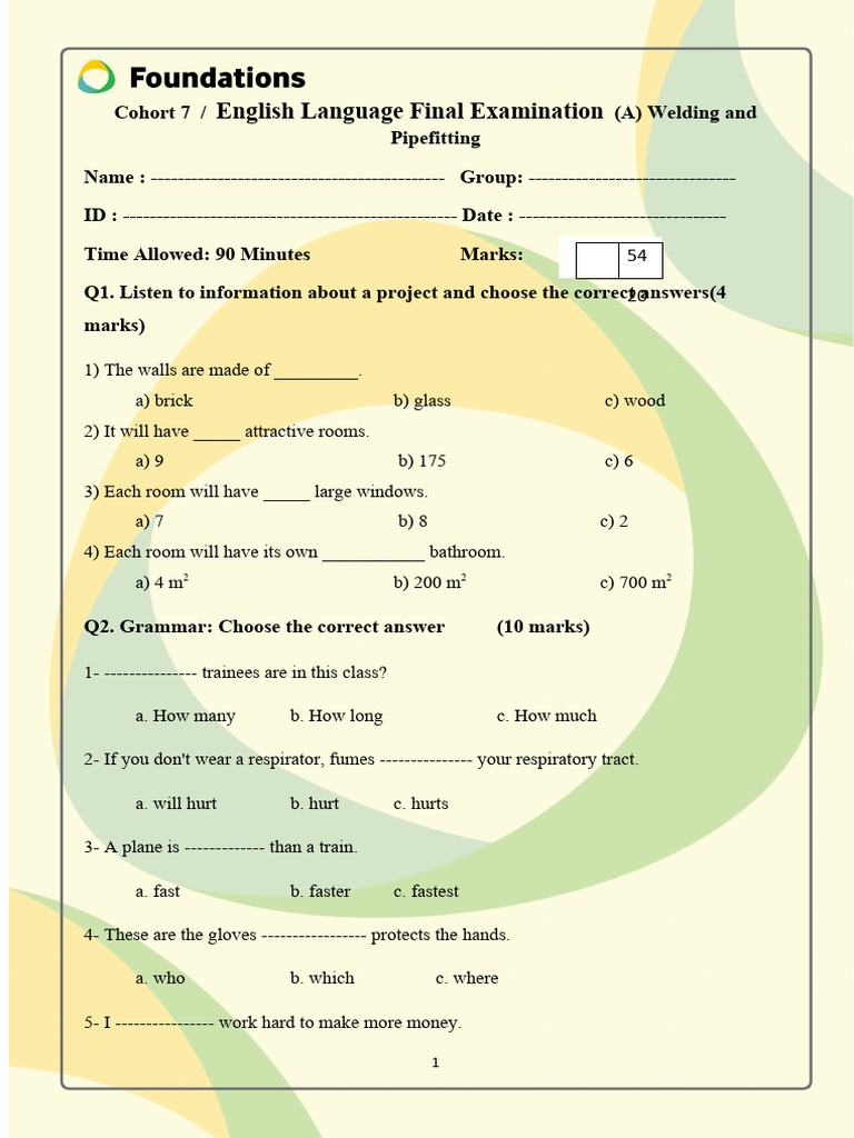 C7 Final English Language Examination Welding and Pipefitting A | PDF | Pipe (Fluid Conveyance ...