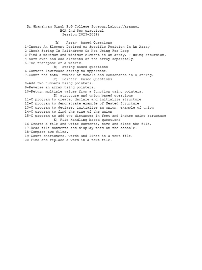 BCA 2 Sem Practical Questions (2023-2024) PDF | PDF