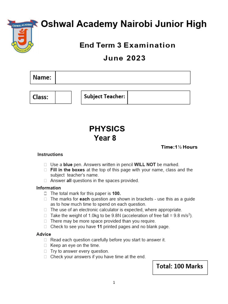 Year 8 Physics Exam Paper - June 2023 | PDF | Thermometer | Force