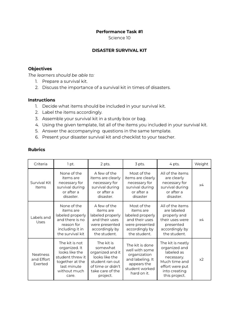 Performance Task 1 Disaster Survival Kit Science 10 Pdf Learning 3149
