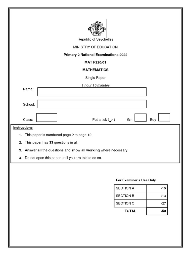 Seychelles Primary 2 Math Exam 2022 | PDF | Mathematics | Euclidean ...