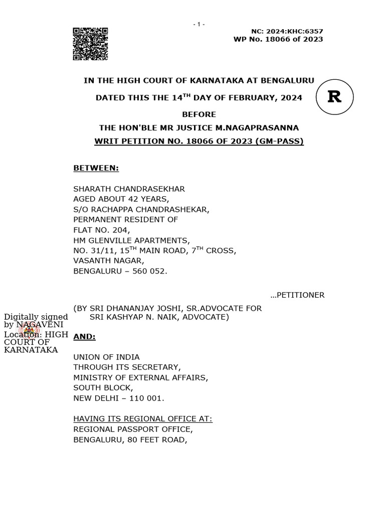 Karnataka HC Writ Petition on Passport Renewal | PDF | Mandamus | Crimes