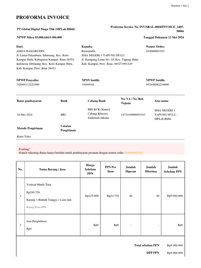 Proforma Invoice Vertikal Blind | PDF