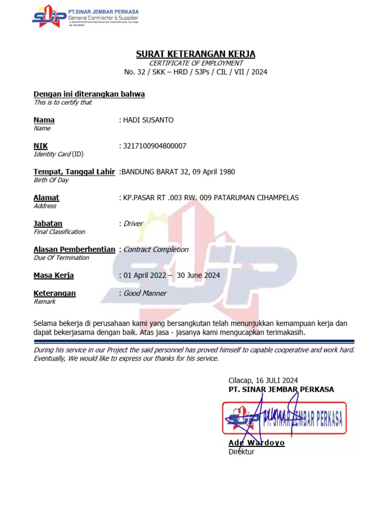 Hadi Susanto Paklaring | PDF