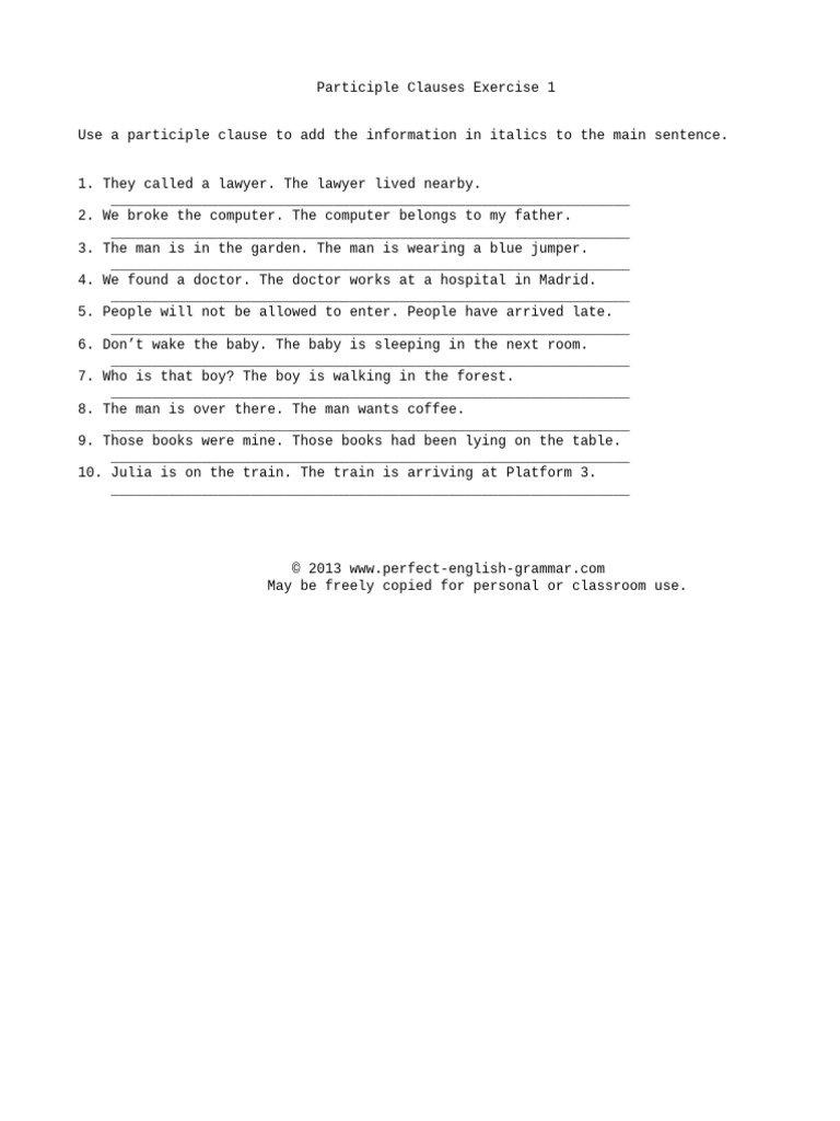 Participle Clauses Exercise 1 | PDF